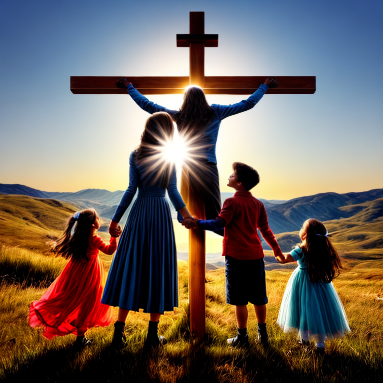 family by the cross holding hands in god's light