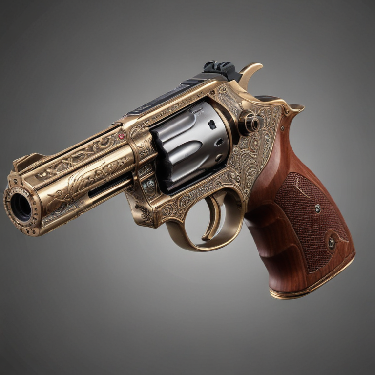 An Ornately Designed Revolver with Intricate Patterns and Wooden Grip