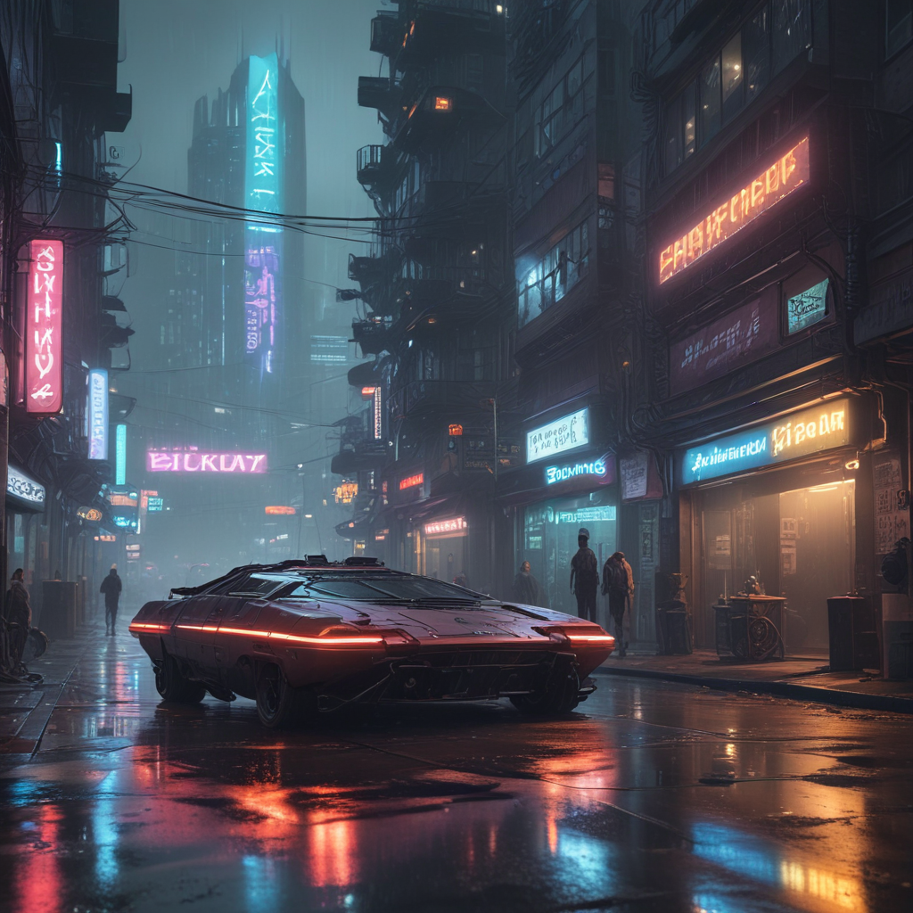 Cyberpunk city at dawn: neon lights, hovercraft, rain-soaked streets ...