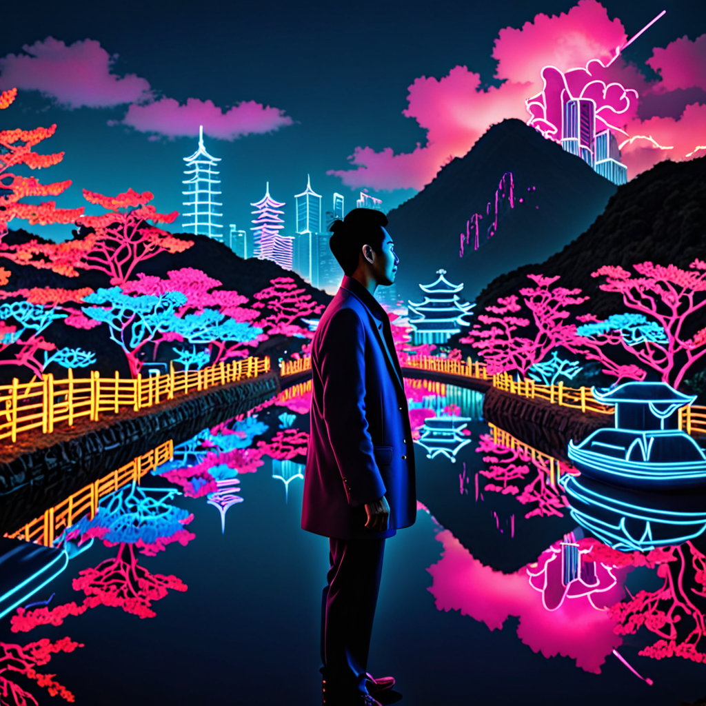 surreal neon asian man landscape art