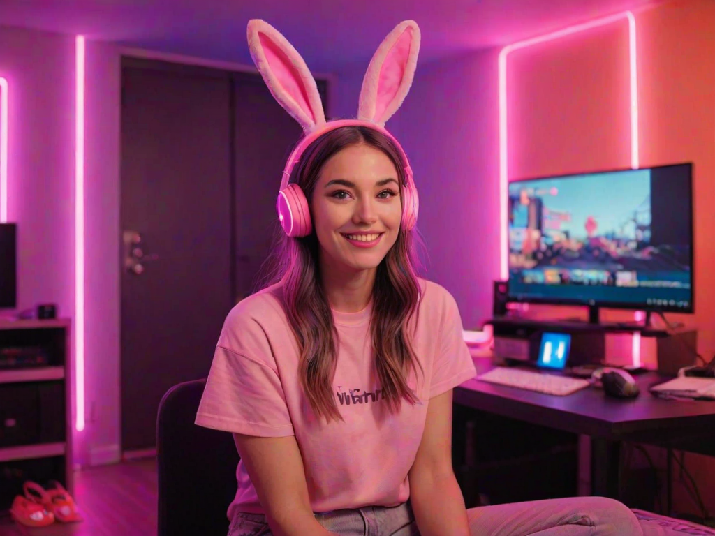 Cheerful Young Woman in Pink Headphones and Bunny Ears Gaming at Home