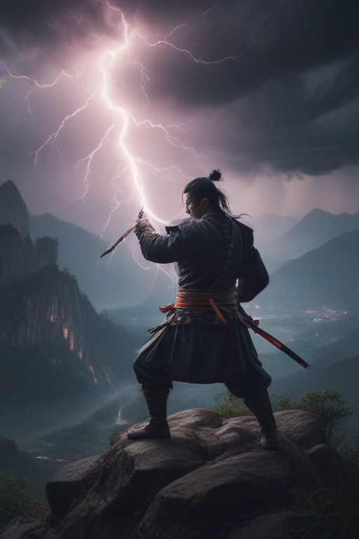 samurai wielding lightning on a mountain landscape