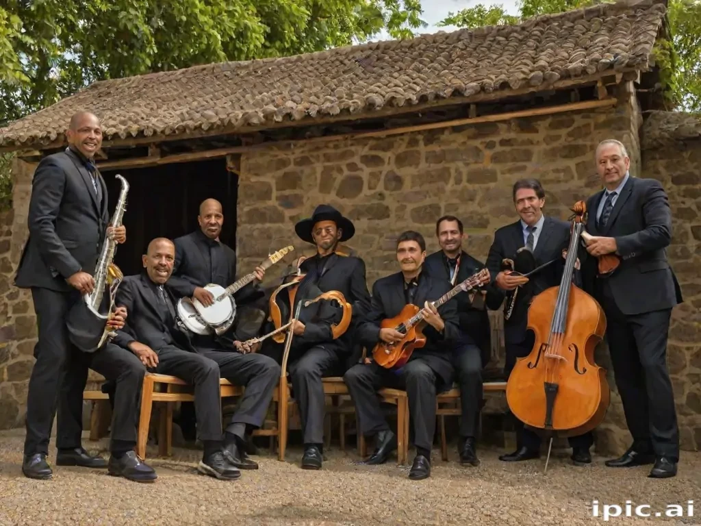Ensemble of Musicians Posing Together Outside a Rustic Stone Building