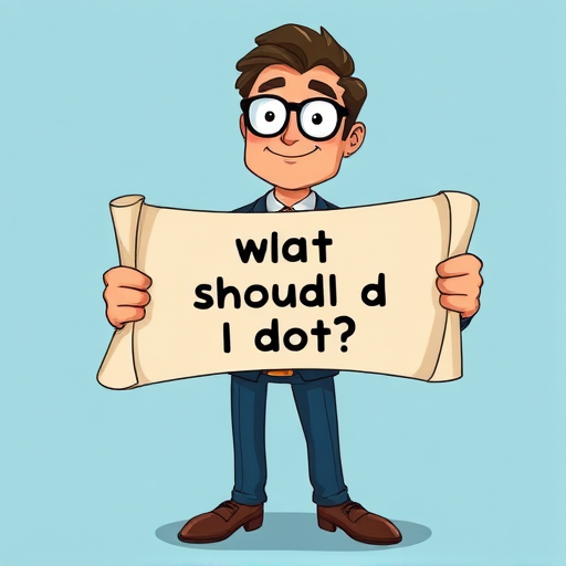 Confused Cartoon Character Holding a Sign Asking for Advice on What to Do