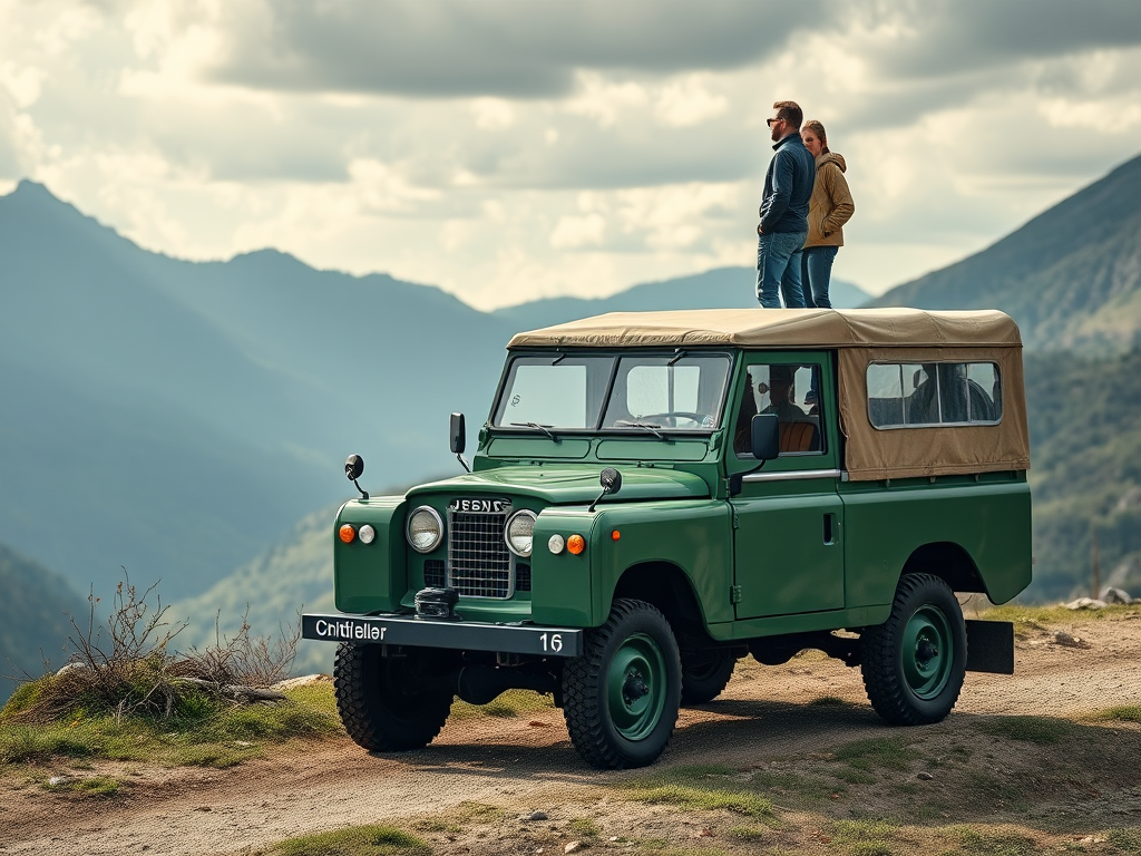 Exploring Scenic Mountain Views from a Classic Green Off-Road Vehicle.