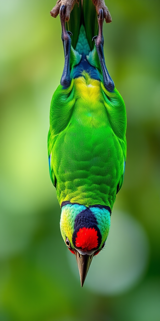 A vibrant green bird hanging upside down from a branch with a colorful ...
