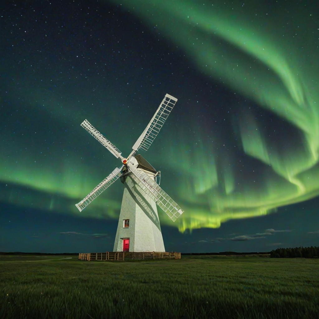 Majestic Windmill Underneath a Stunning Display of Northern Lights