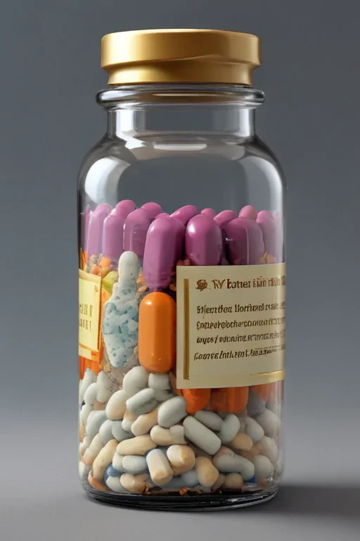Colorful Collection of Capsules and Tablets in a Glass Jar Display