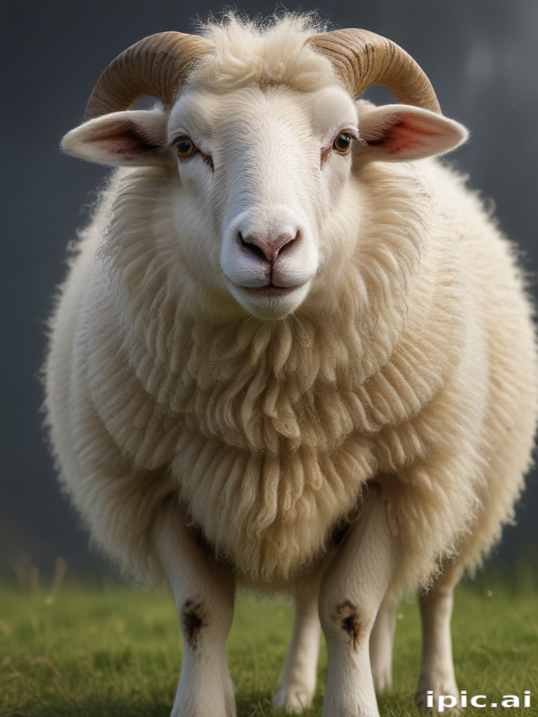 A Fluffy White Sheep with Impressive Horns Stands Gracefully in a Meadow.