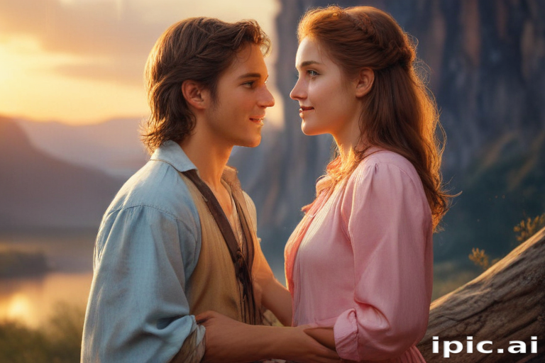A Romantic Sunset Encounter Between Two Young Lovers in Nature's Embrace.