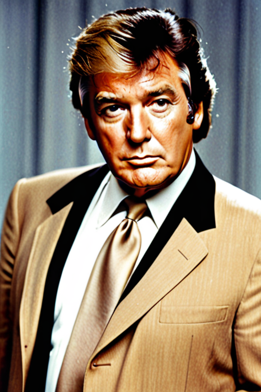 Trump as Columbo with long coat and beige suit and tie with blonde hair