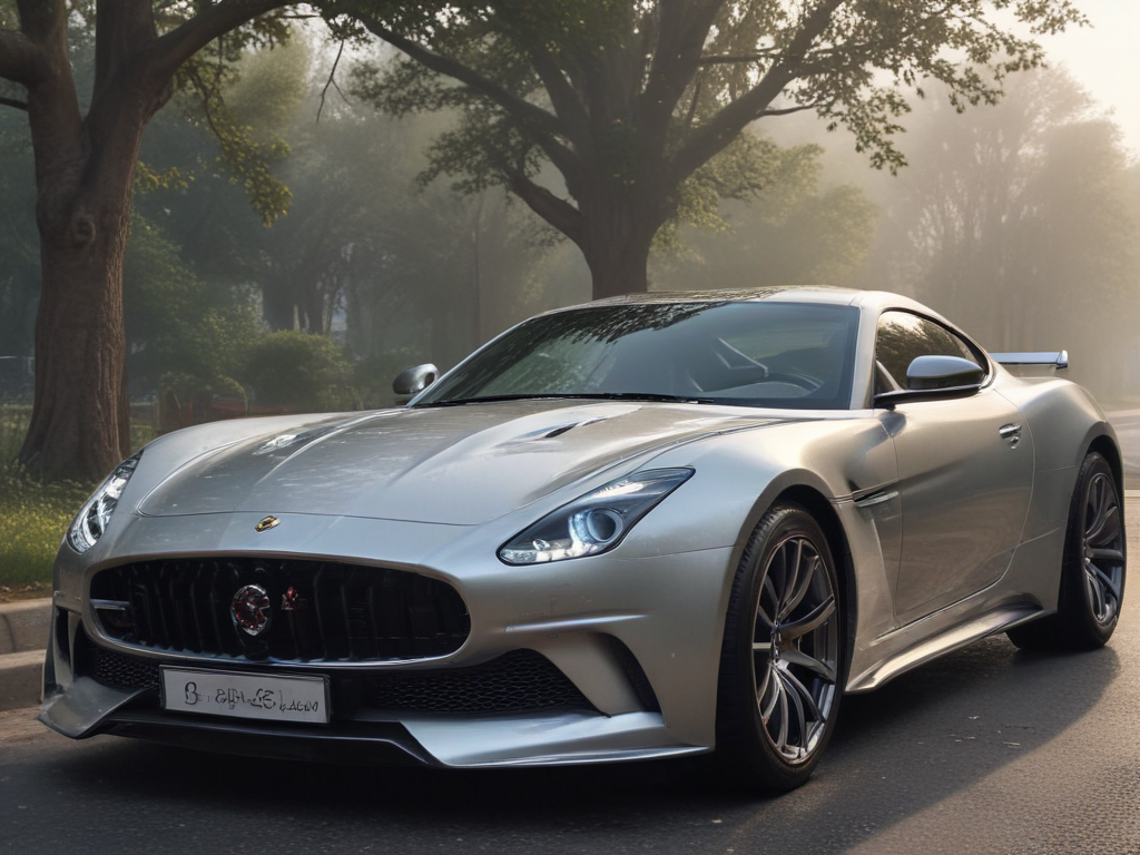 A Stunning Silver Sports Car Parked Under Trees in Morning Fog