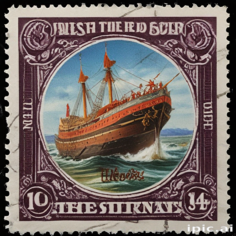 Vintage Postage Stamp Featuring an Ornate Ship Sailing on Turquoise Waters