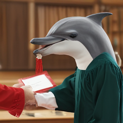 A dolphin completing university and receiving a diploma.