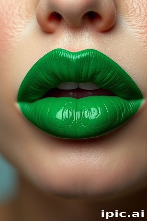 Vibrant Close-Up of Glossy Green Lips with Intricate Texture and Shine
