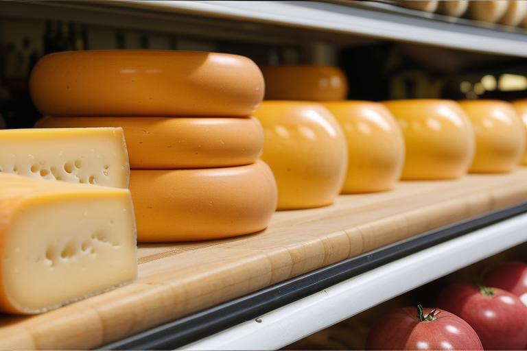 Colorful Display of Various Types of Yellow Cheese on a Shelf