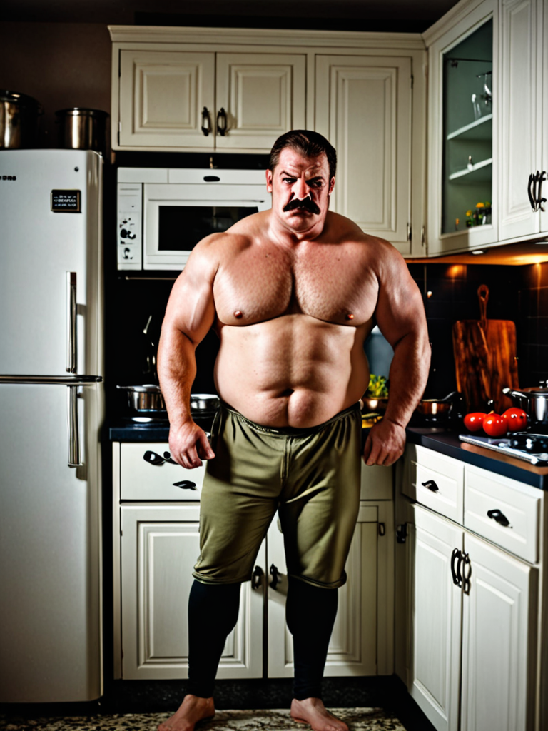 huge muscular overweight man with a moustache, angry, cooking in a dark ...