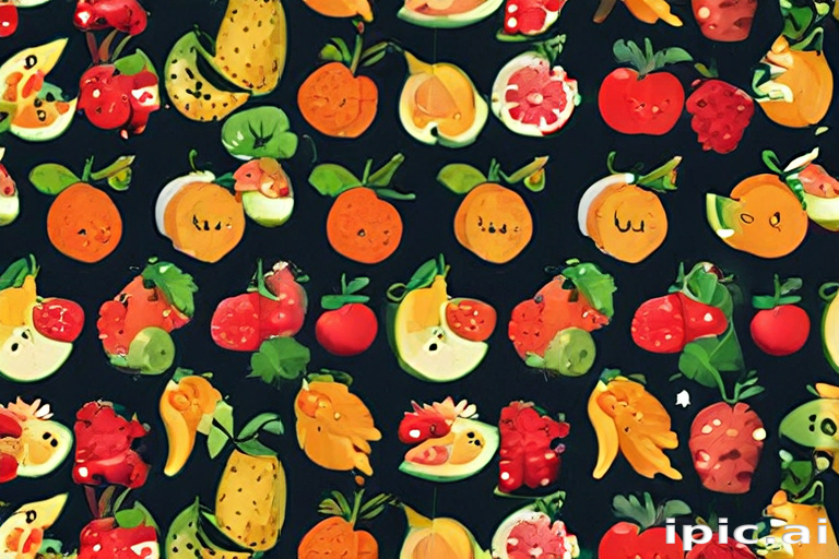 Colorful Pattern of Whimsical Fruits and Vegetables on a Dark Background