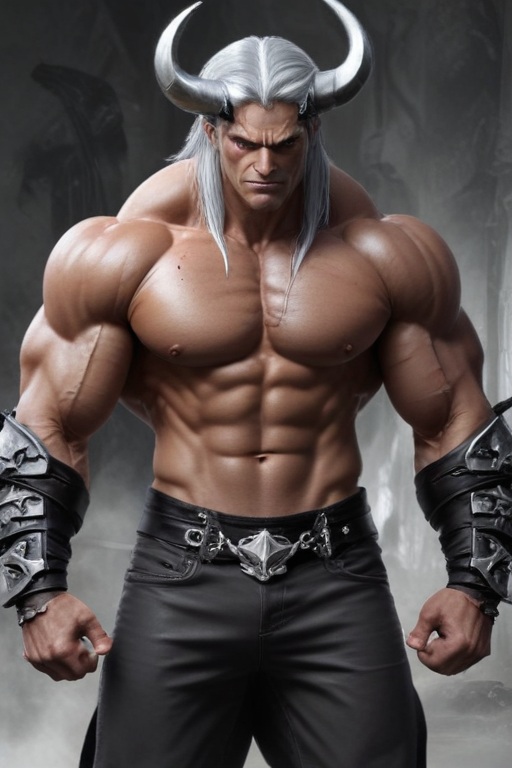 Big muscular demon, grey skin, silver horns, abs, huge pecs, sword