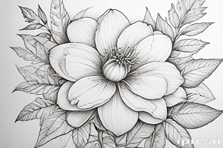 Intricate Line Art of a Magnificent Flower Surrounded by Lush Leaves.