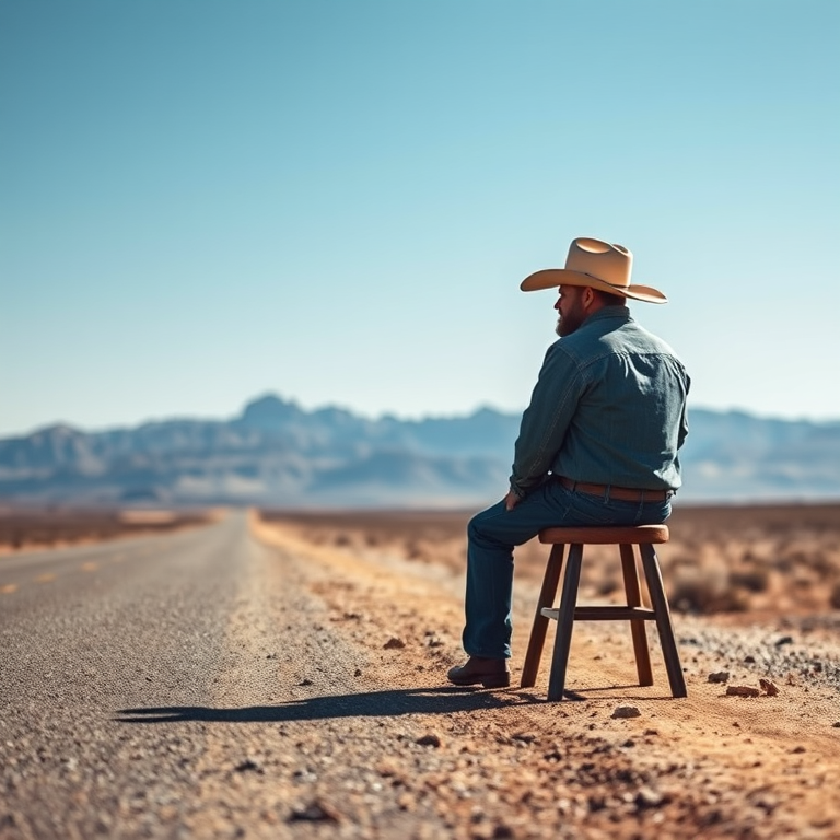 Solitary Cowboy Reflects on Life While Sitting by Empty Desert Road
