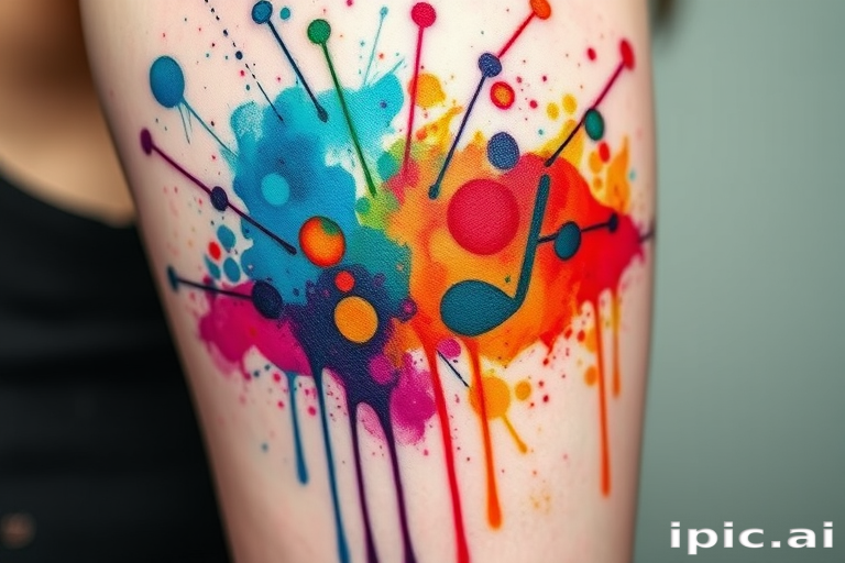 Vibrant Abstract Splash Tattoo Featuring Colorful Paint Drips and Dots