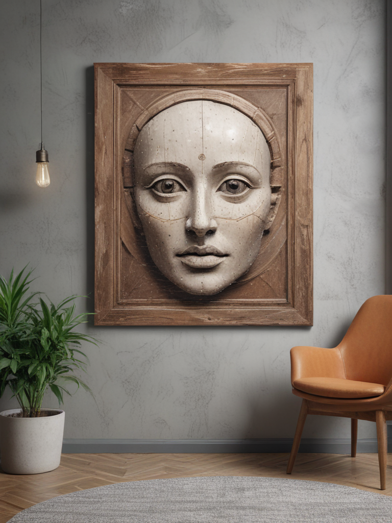 Wooden Sculpture of a Face Framed in an Elegant Room Setting