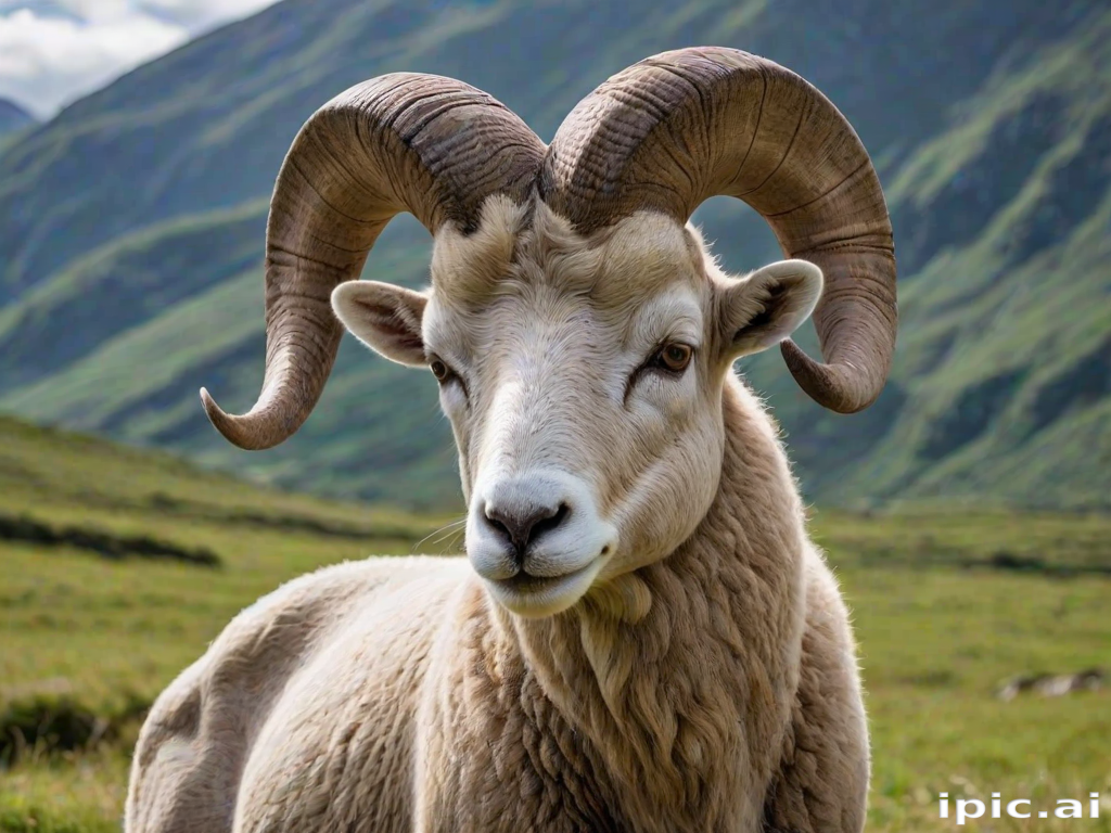 Majestic Ram with Impressive Curved Horns Against a Scenic Mountain ...