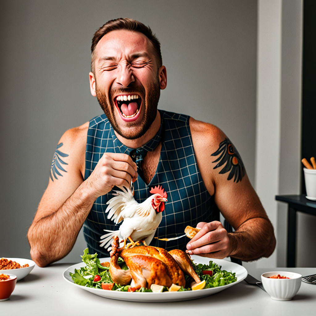 Man laughing maniacally eating a live chicken.