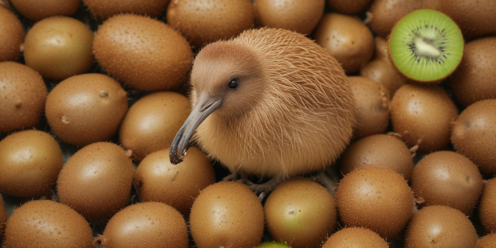 a kiwi bird sat on a huge pile of squashed kiwis