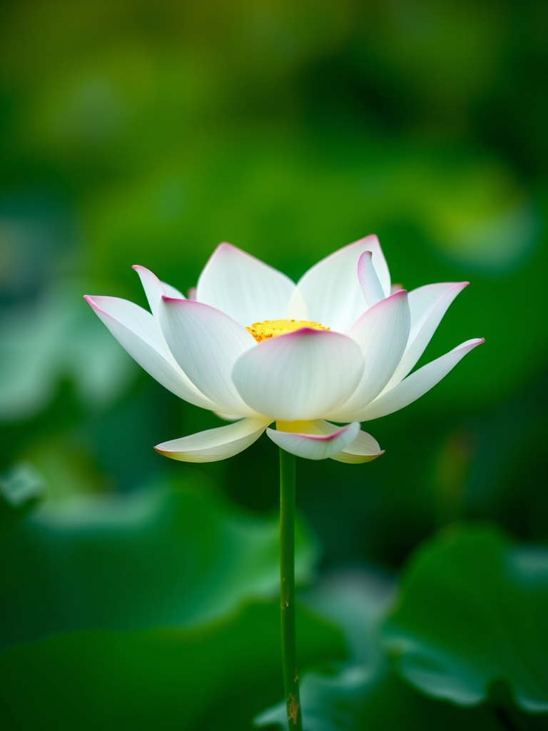 Capture a pristine white lotus flower against a softly blurred green ...