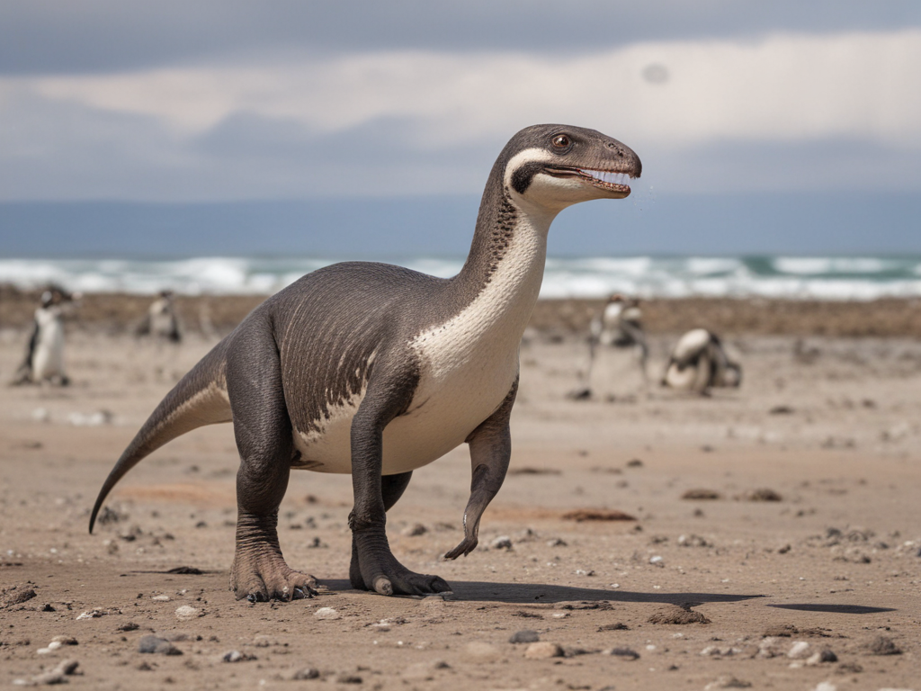 Dinosaurs roaming with penguins