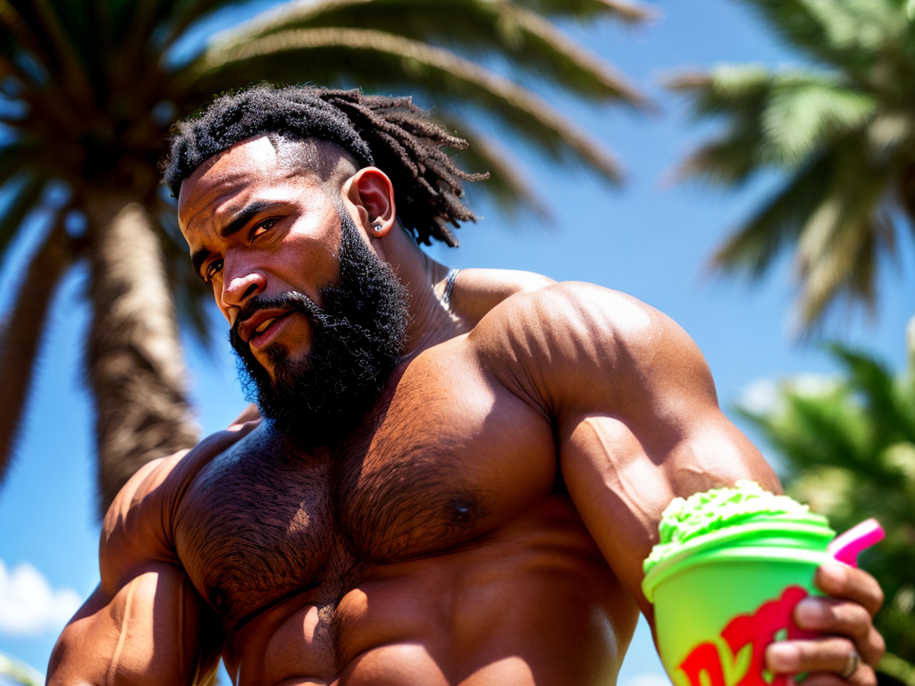 very hairy and muscular orc eating a icecream under a palm tree