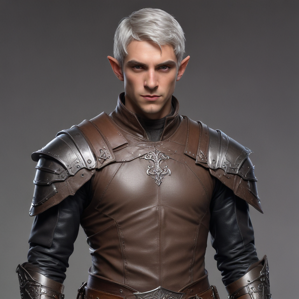 male, pale half elf with leather armour, short brown and grey hair ...