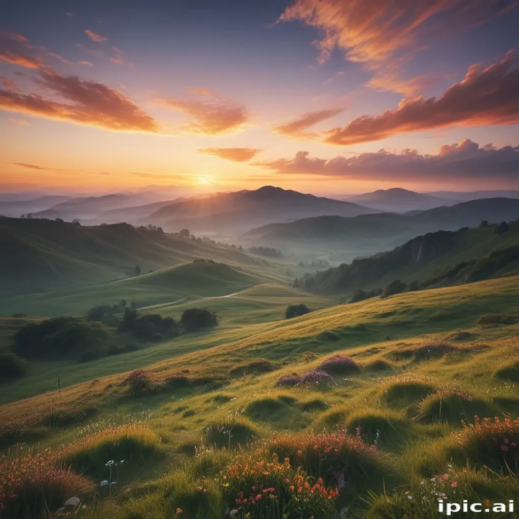 Stunning Sunrise Over Rolling Hills and Lush Green Valleys at Dusk