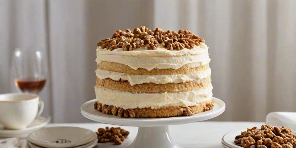 Delicious Three-Layer Cake Topped with Creamy Frosting and Crunchy Nuts.