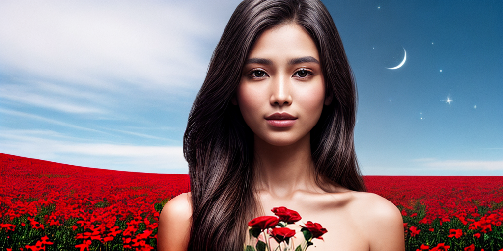 beautiful future human with ai and red flowers and the stars