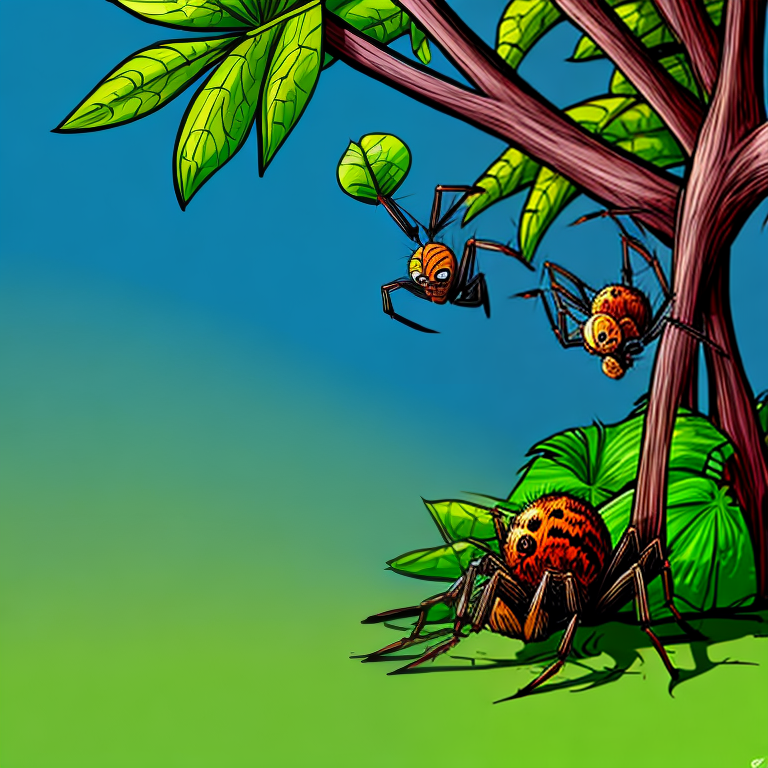 spider crawling up a lush tree, cartoon style