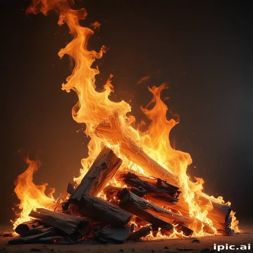 A Bright and Lively Fire Dancing Amongst Stacked Wooden Logs at Night.