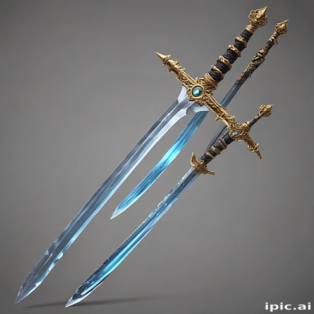 Dual Bladed Sword with Intricate Gold Design and Glowing Blue Blades