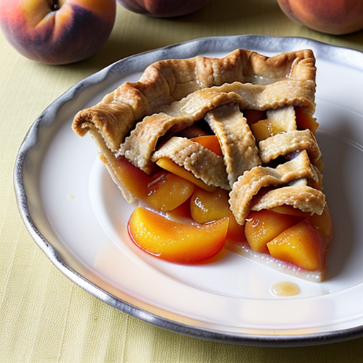 Deliciously Baked Peach Pie Slice Served on a Decorative Plate.