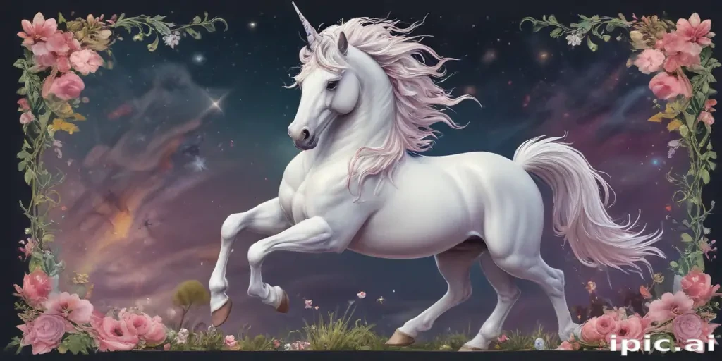 A Majestic Unicorn Galloping Through a Dreamy Floral Fantasy Landscape.