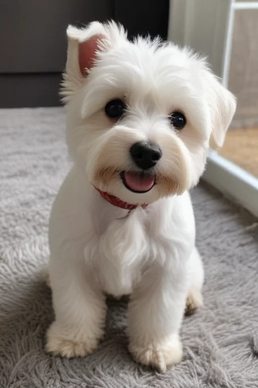 Adorable Small White Dog Sitting Happily on Soft Gray Carpet.