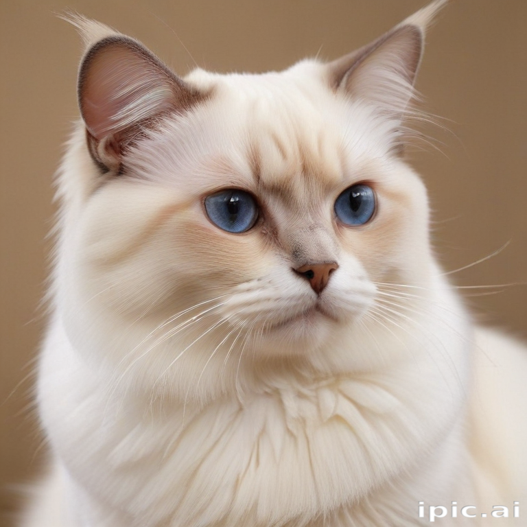 A Beautiful Cream-Colored Cat with Striking Blue Eyes and Fluffy Fur.