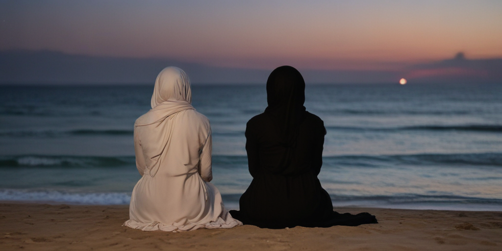 three hijabi women sitting on a beach in black with their back looking ...