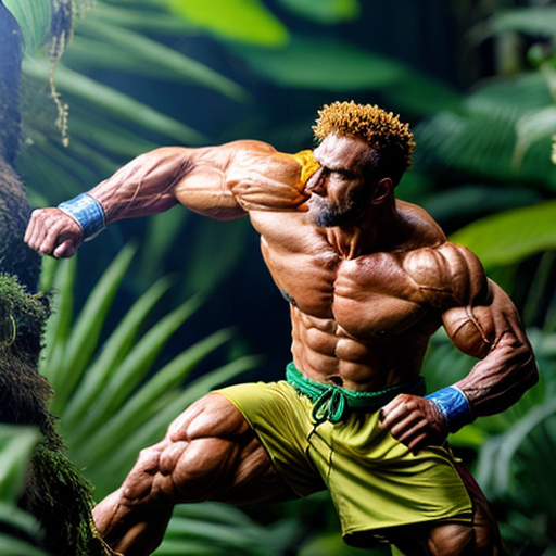 bodybuilder man in fighting style with lion in a jungle