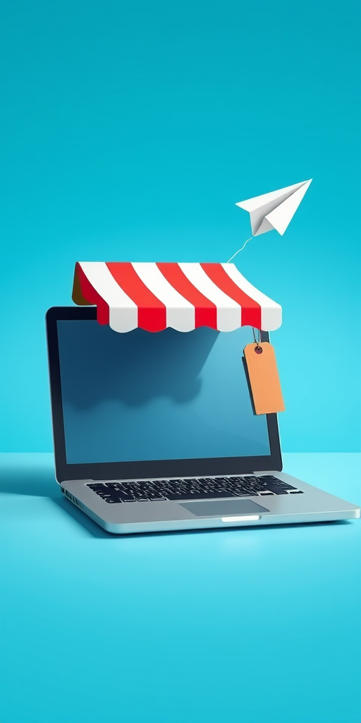Modern Online Shopping Experience: Laptop with Storefront and Paper ...