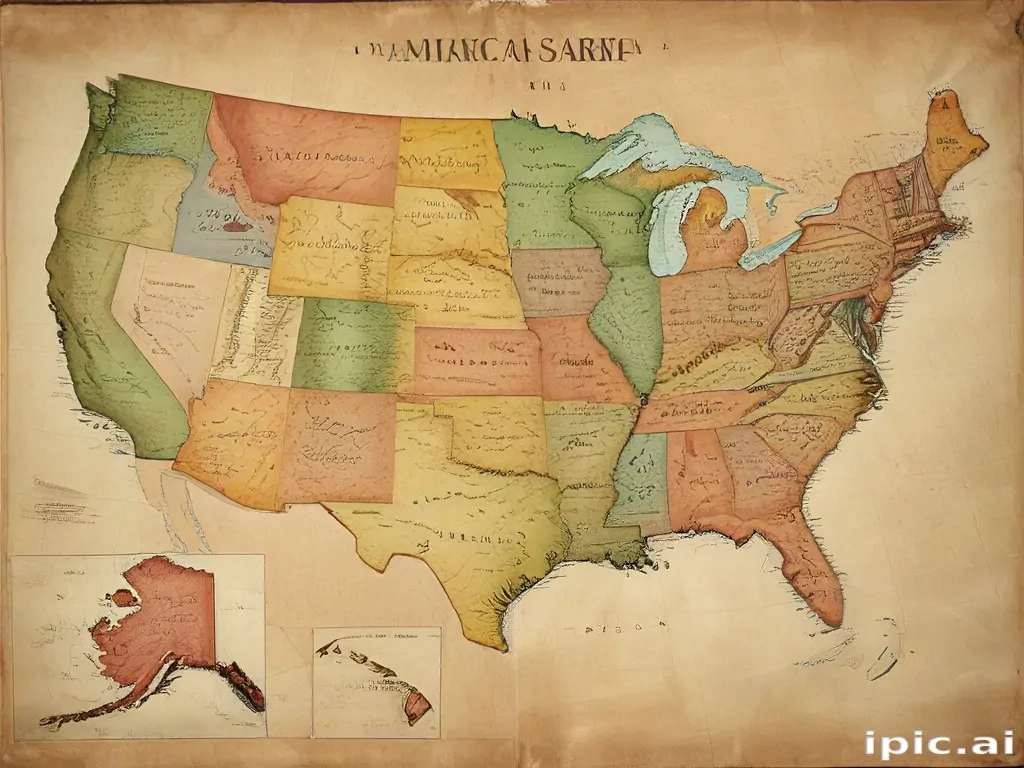 An Artistic Vintage Map of the United States with Detailed State Borders