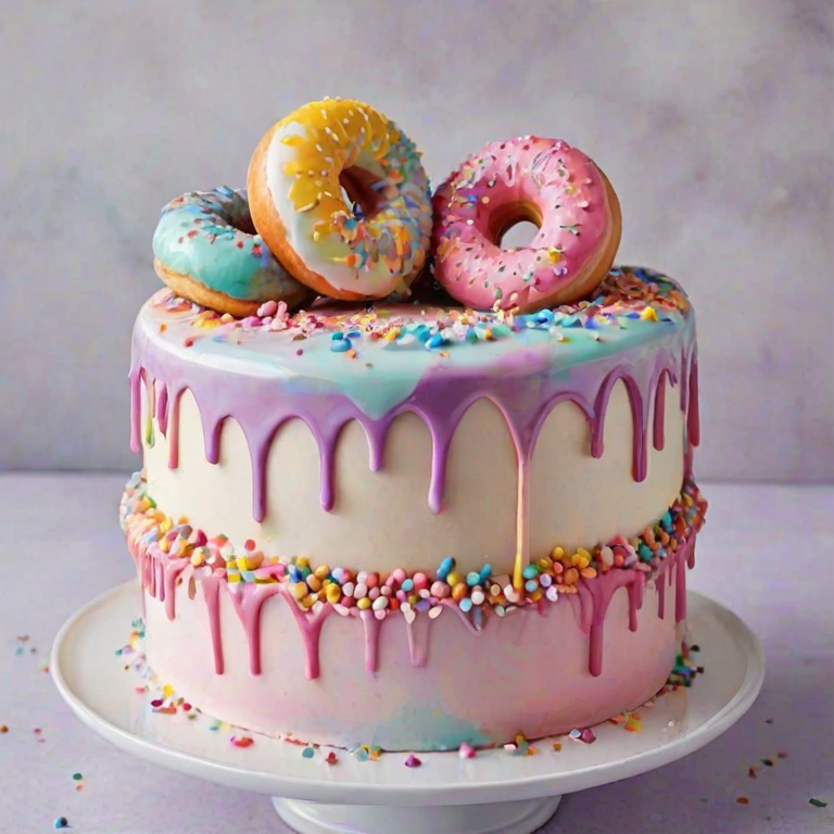 Deliciously Colorful Layered Cake Topped with Fun Frosted Donuts and ...