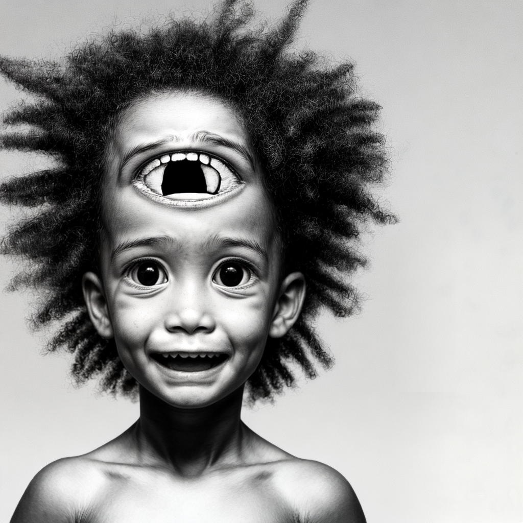 horror distorded kid face black and white